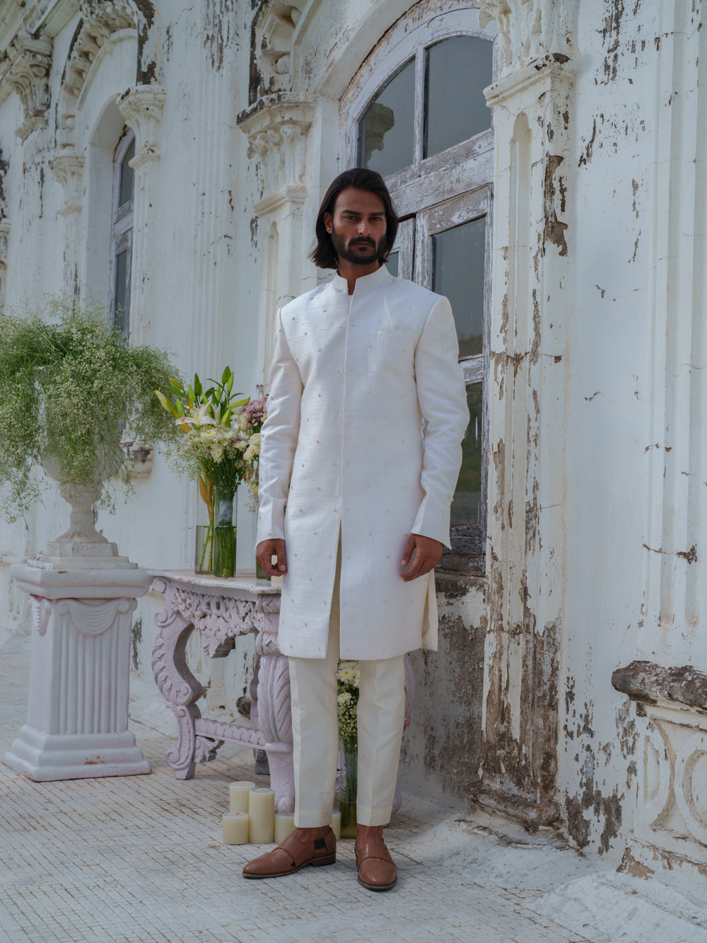 Ivory Hand Embroidered Sherwani Set – Amrit Dawani