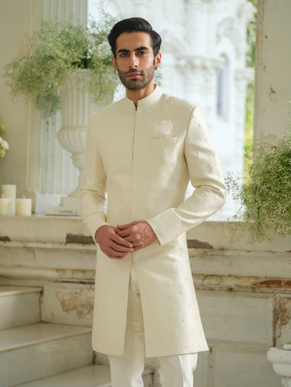 Ivory Hand Embroidered Sherwani Set – Amrit Dawani