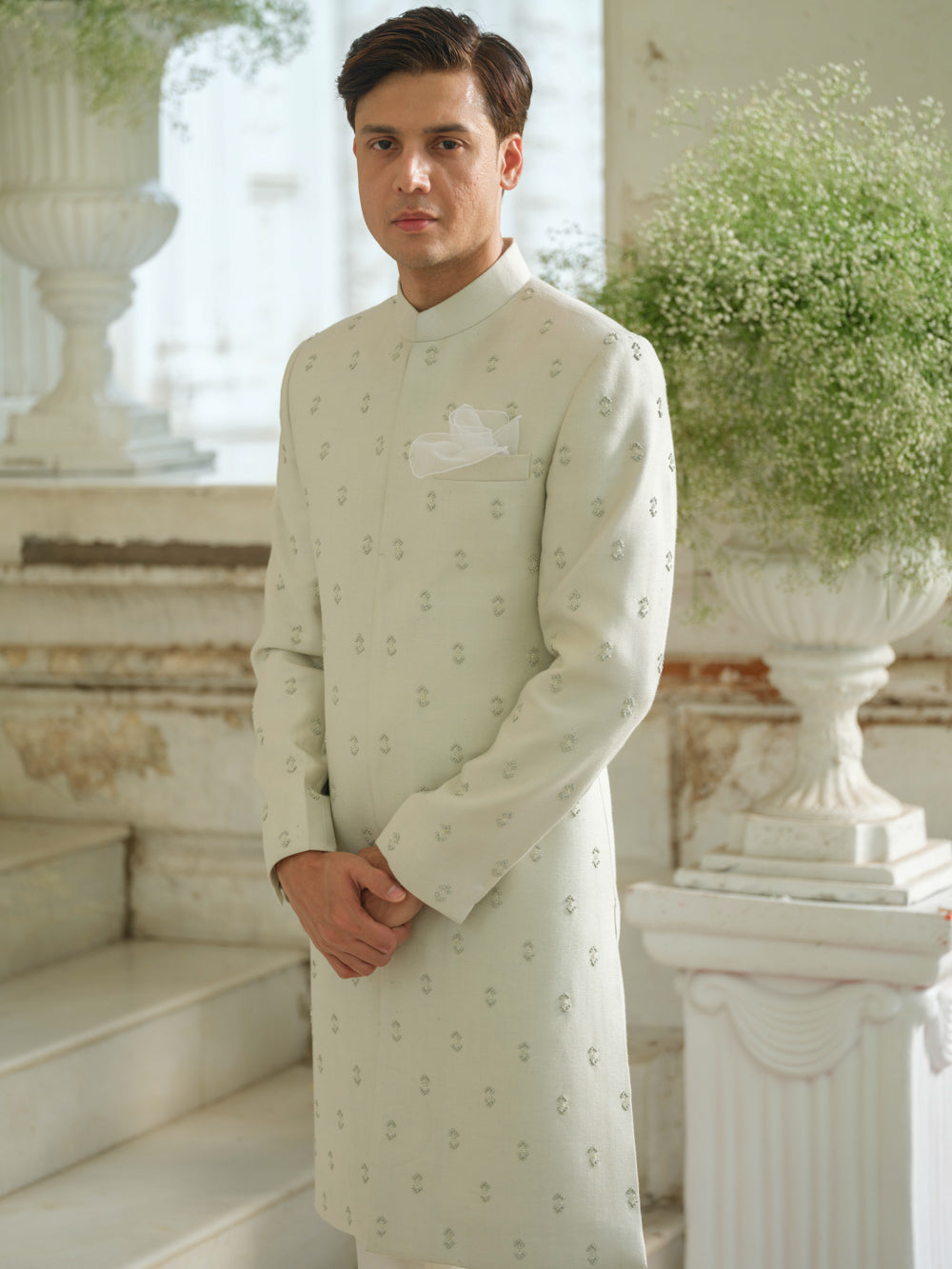 Mint Green Hand Embroidered Sherwani Set – Amrit Dawani