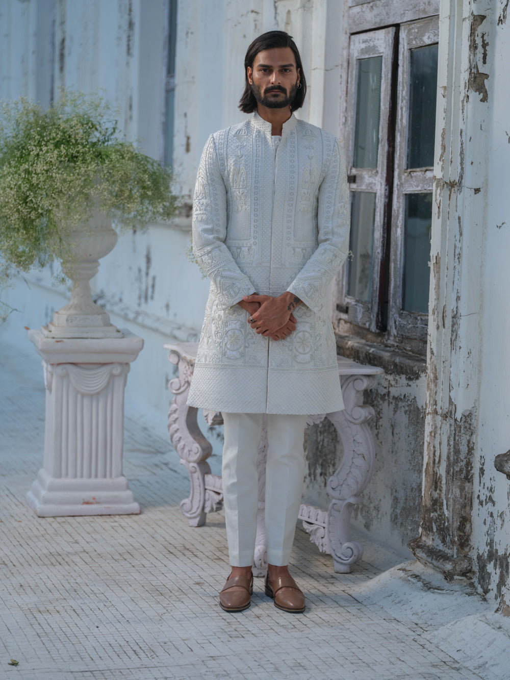 Ivory Hand Embroidered Sherwani Set – Amrit Dawani
