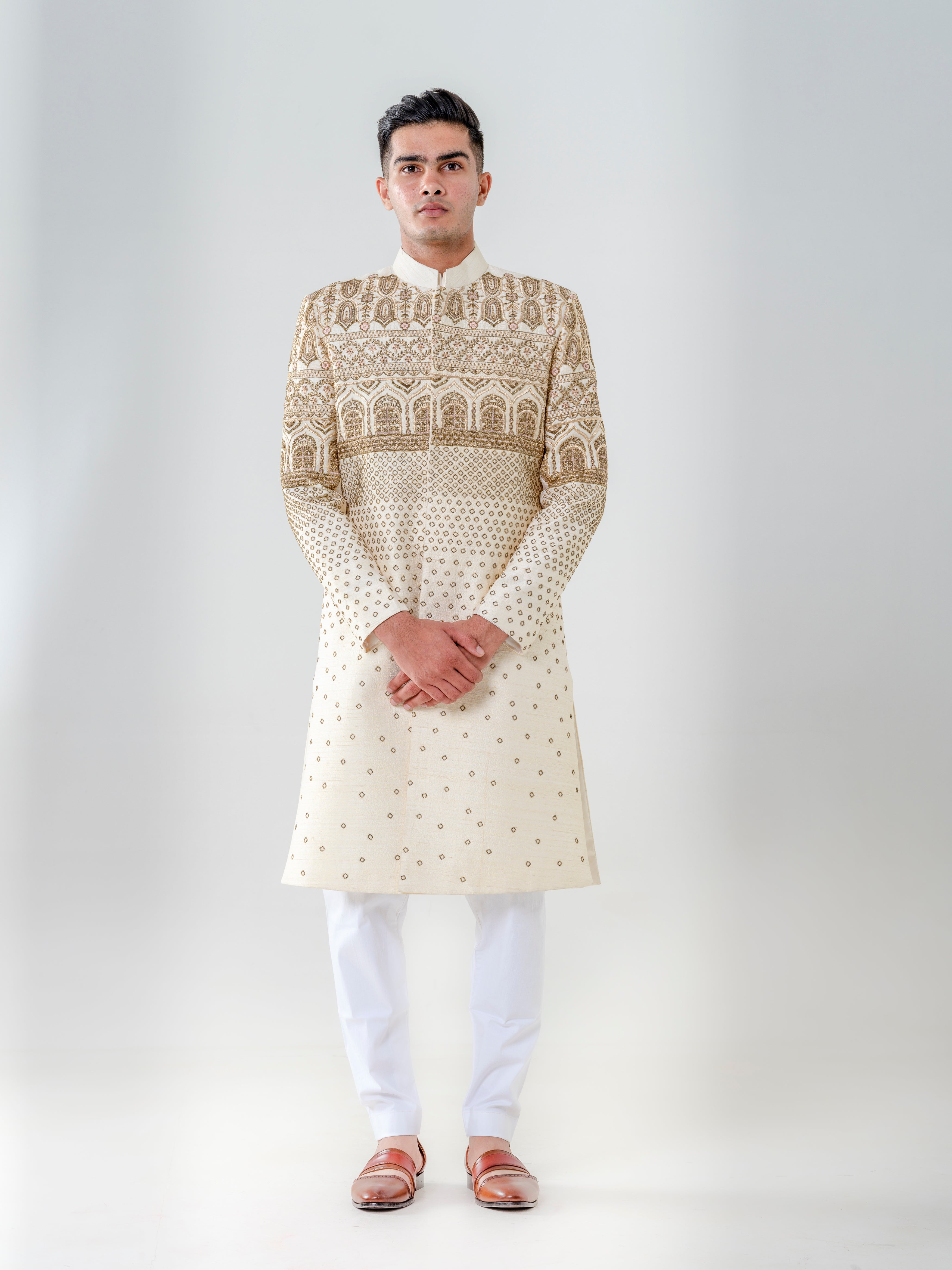 CREAM GOLD FULLY EMBELLISHED SHERWANI – Amrit Dawani